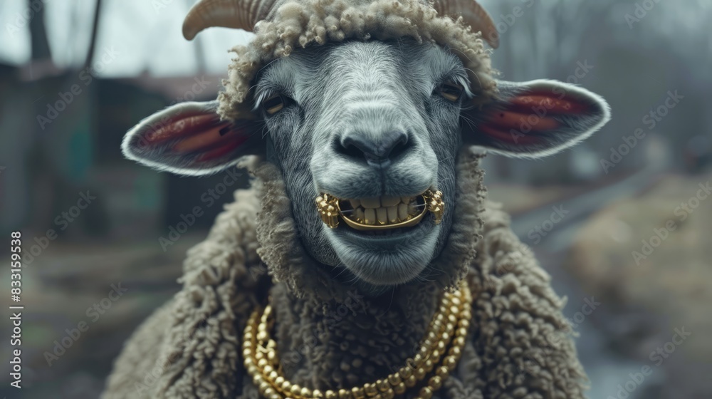 Rapper sheep wearing gold necklace and dentures Stock Photo | Adobe Stock