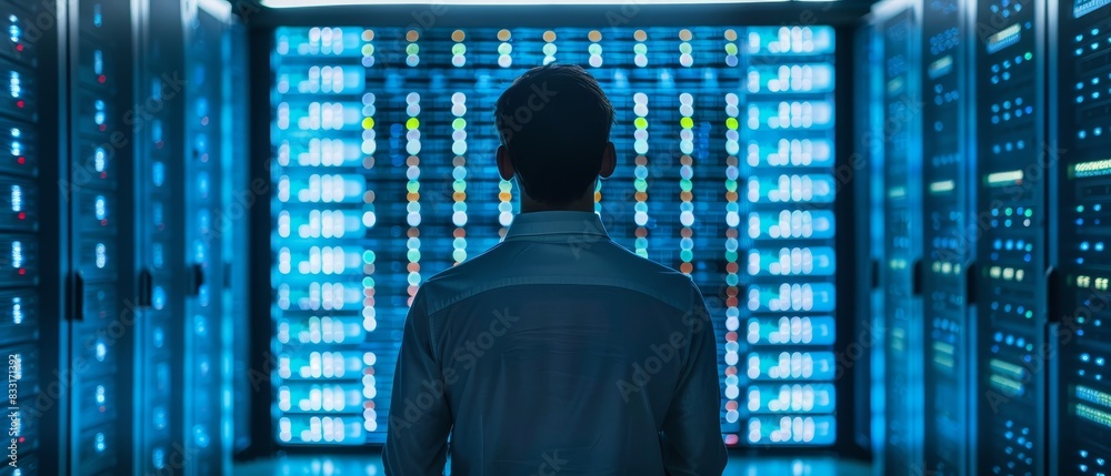 Technology Concept : A data center operator is checking the system ...