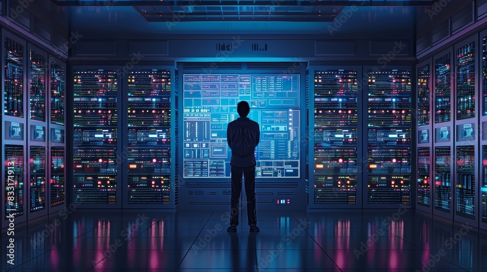 Technology Concept : A data center operator is checking the system ...