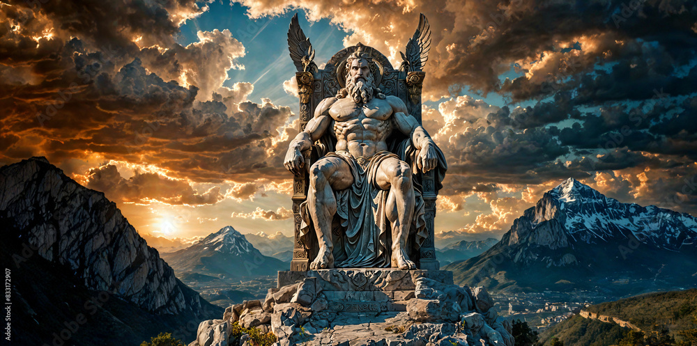 The majestic Statue of Zeus sits enthroned atop the craggy peak of ...