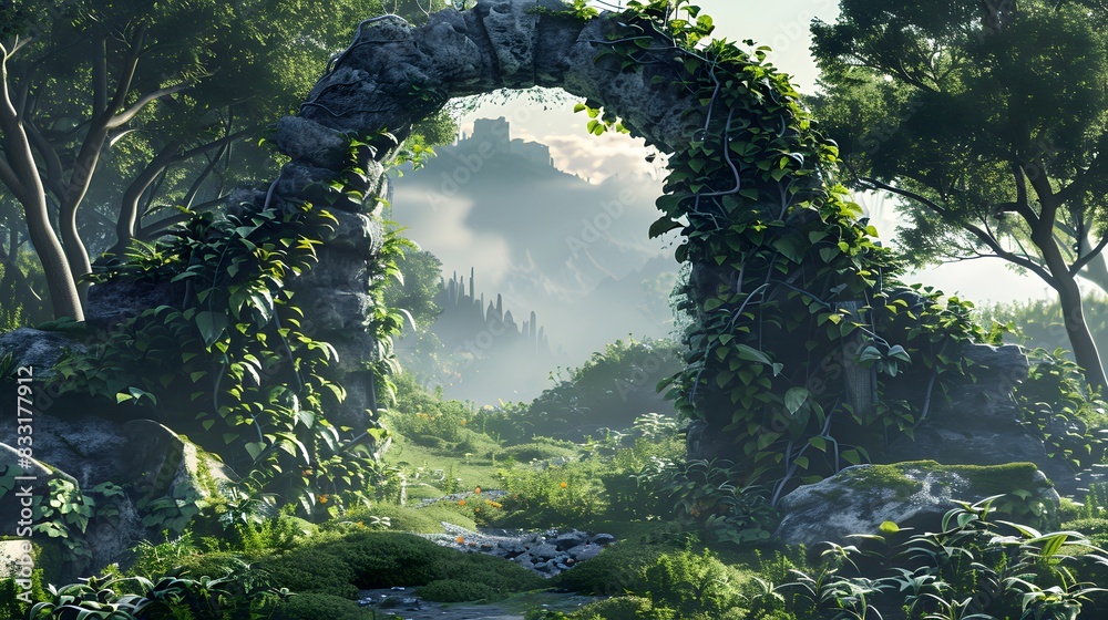 Round stone portal gate in the forest, an abandoned temple. Path made ...