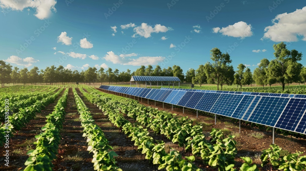 Farmland enhanced with agrivoltaics, where solar panels are ...