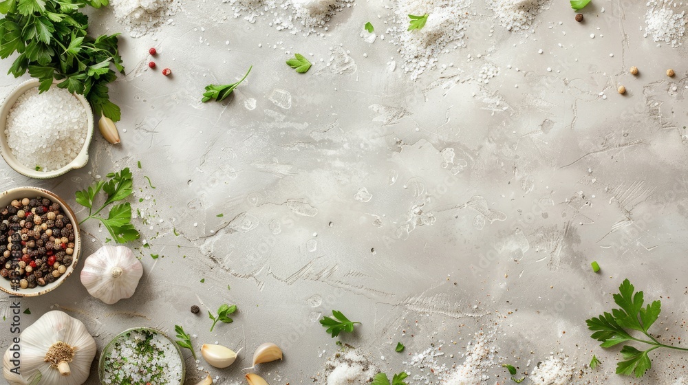 Food cooking background. Stone texture with sea salt, pepper garlic and ...
