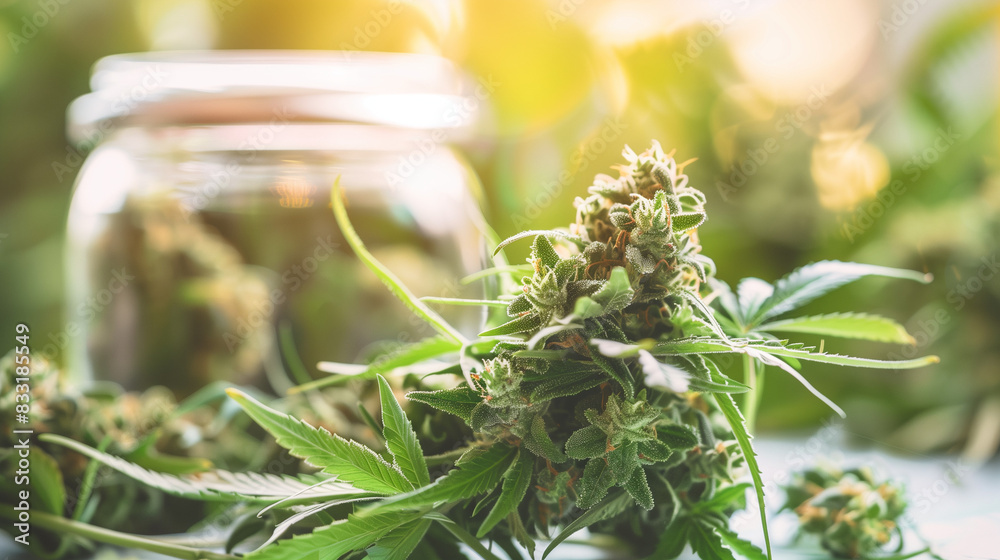 Close up of the surface of cannabis buds with glass jars in the ...
