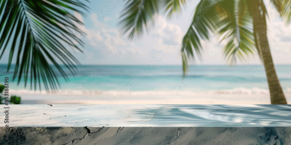 table top marble empty surface and beach ocean sea background with palm ...