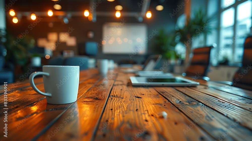 A wooden conference table close-up featuring digital tablets, documents ...