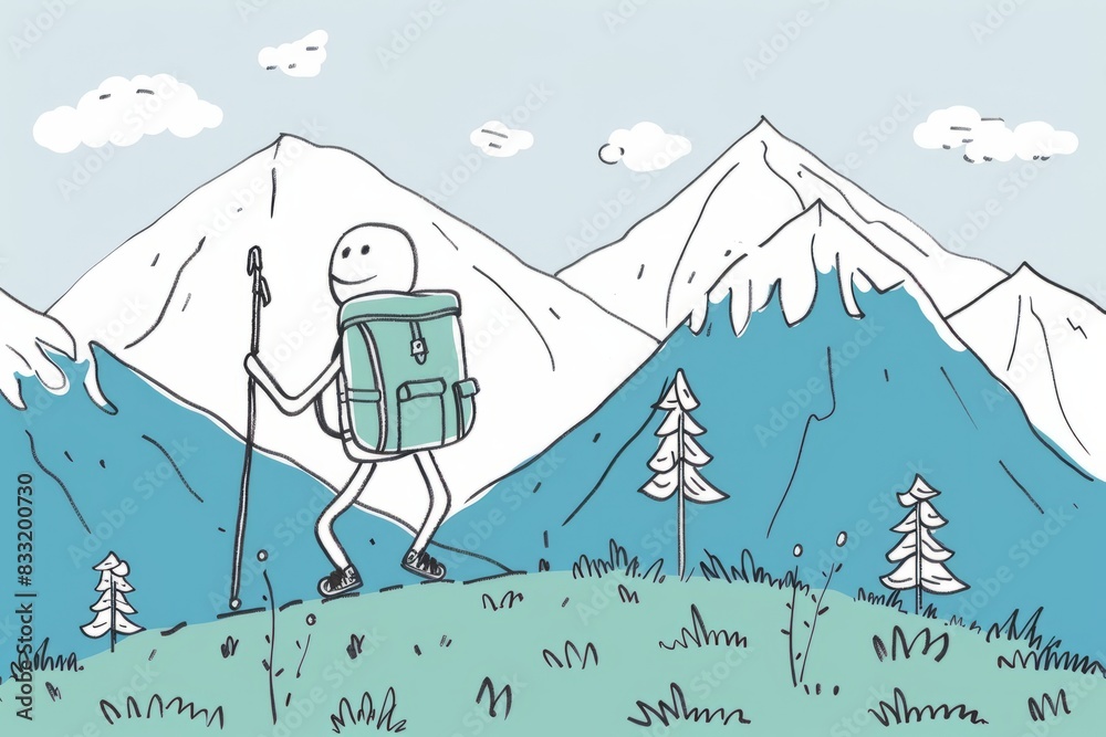Cartoon cute doodles of a stickman hiking in the mountains with a ...