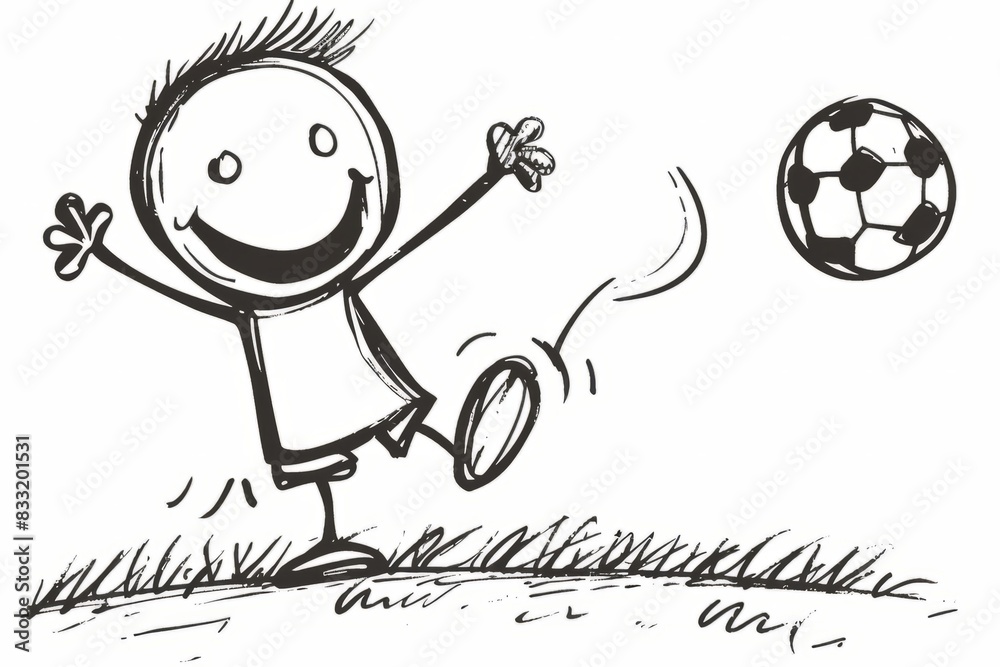 Cartoon cute doodles of a stickman playing soccer with a big smile and ...