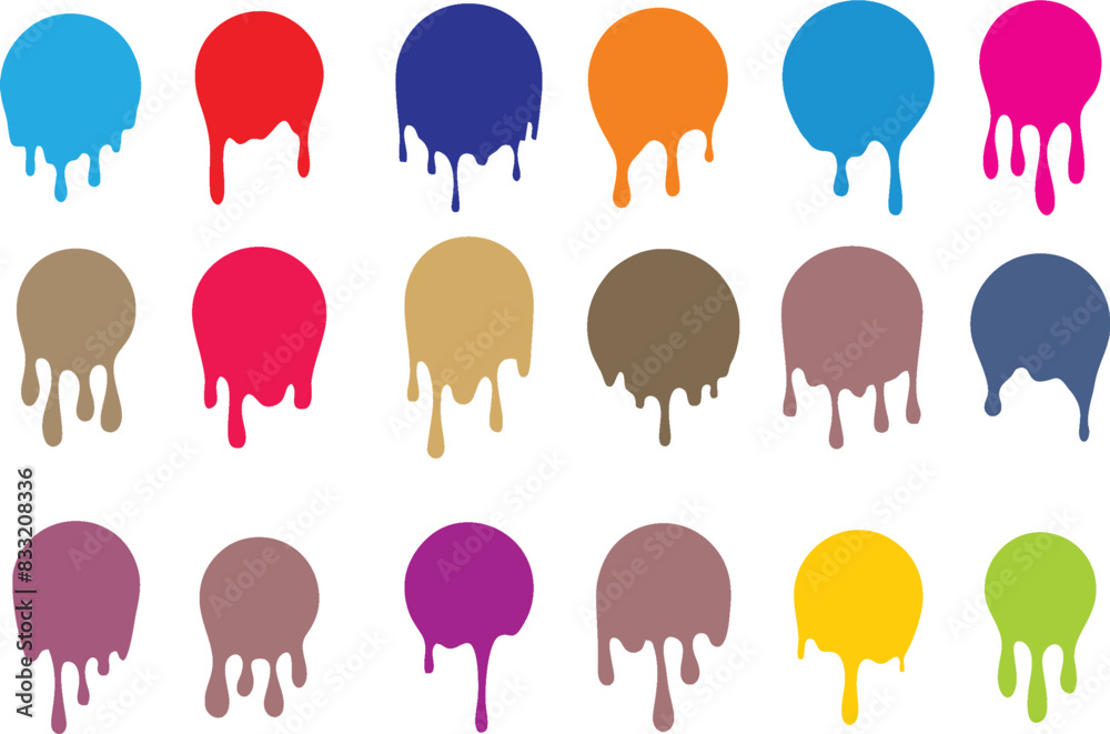 Dripping paint icons set. Current liquid and Paint flows. Melted circle ...