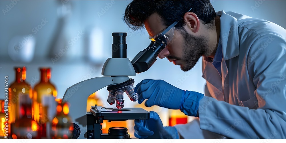 Scientists examine specimen under microscope using objective lenses and ...