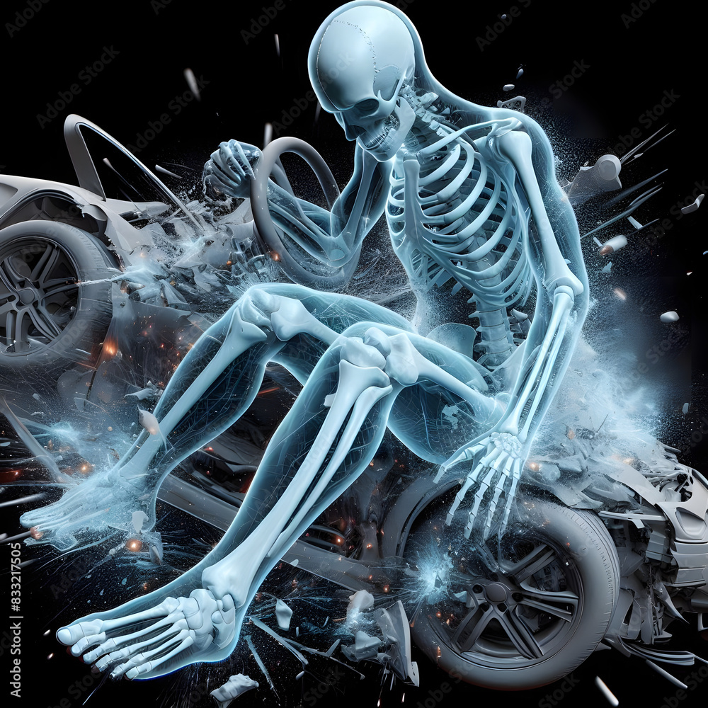 A 3D X-ray illustration of a human skeleton showing the impact of a car ...
