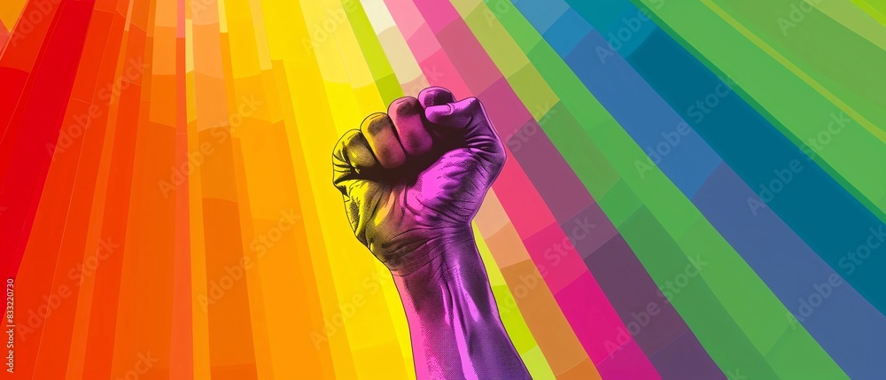 Raised fist against a rainbow background, illustrating the fight for ...