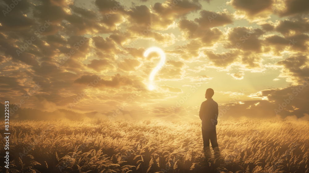 Question mark in the sky, man contemplating. A man standing in a field ...