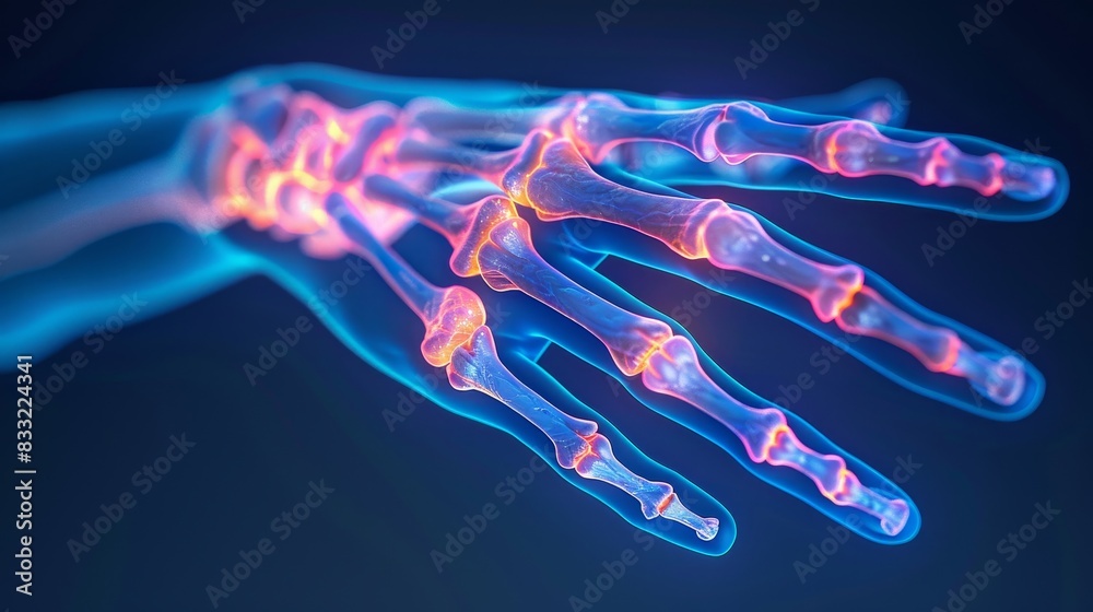 Glowing hand bones showing pain and anatomical structure in human hand ...