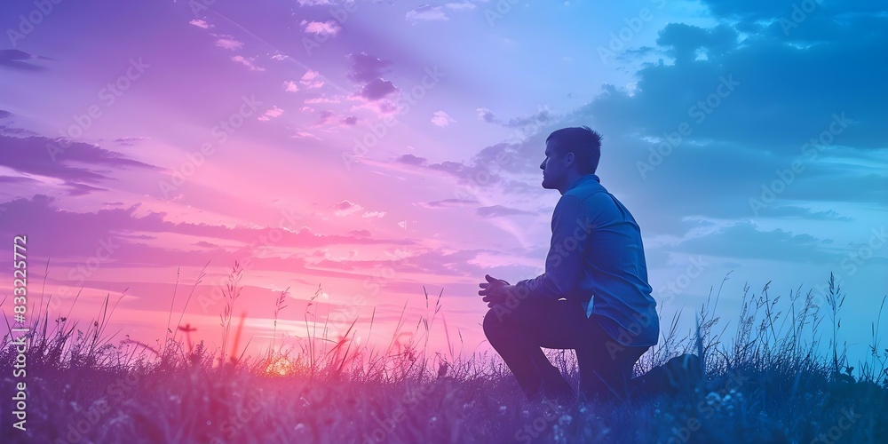 Man in prayer at sunset with a Christian background. Concept Religious ...