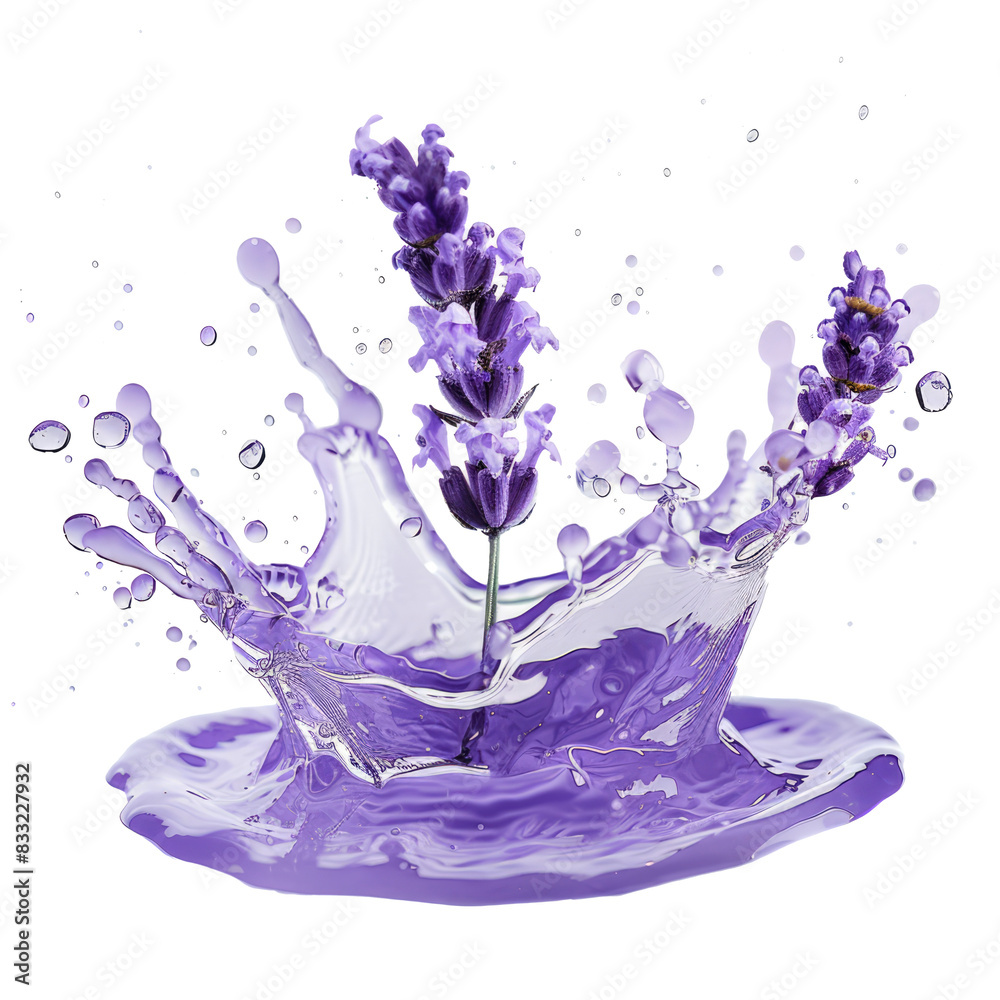 lavender oil, lavender flower branch and purple liquid water splash isolated on transparent ...