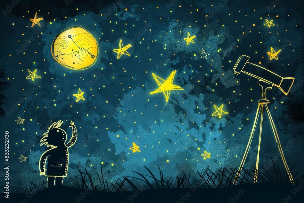 Cartoon cute doodles of a stickman stargazing with a telescope and a ...