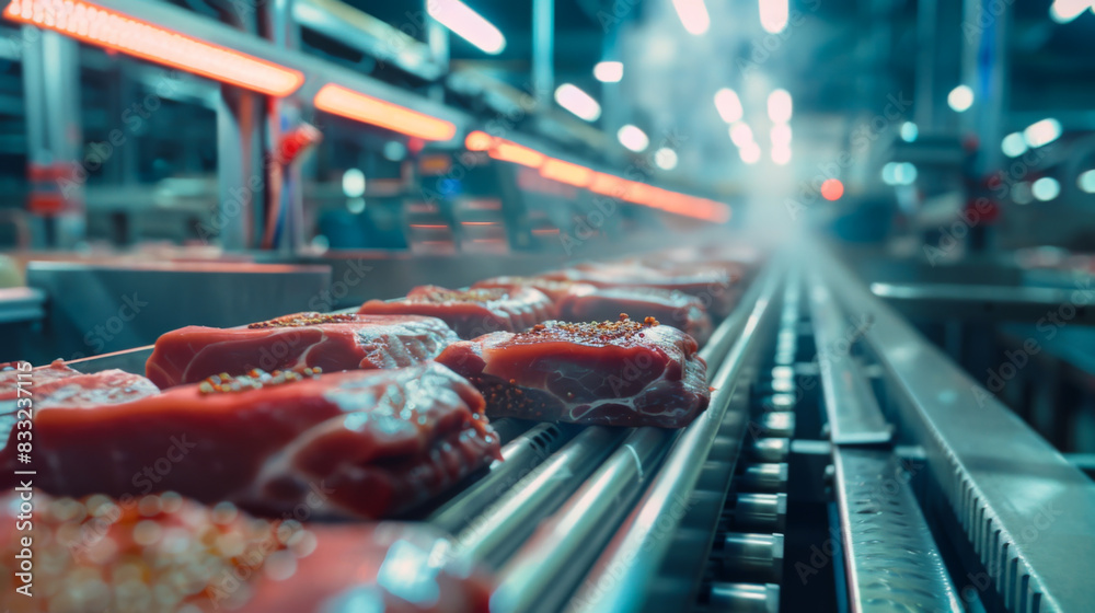 Meat products at an industrial plant move along a factory conveyor ...
