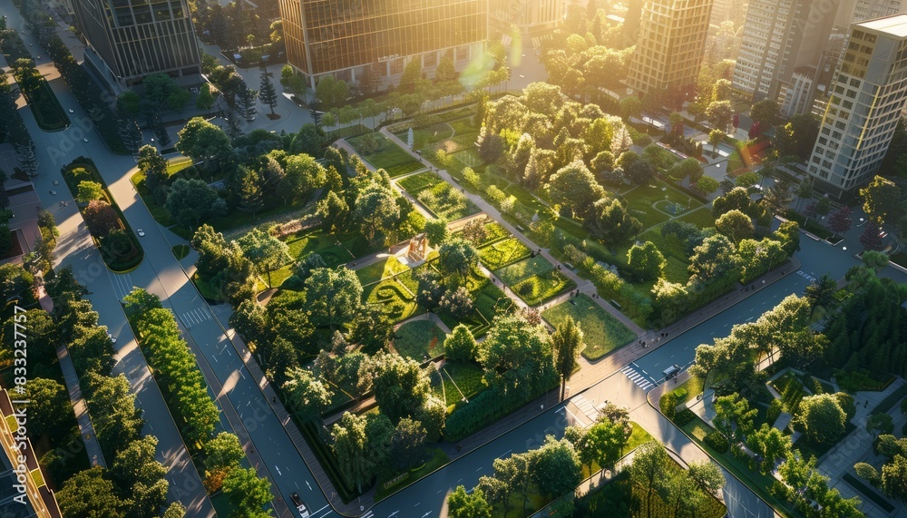An aerial view of a green urban park surrounded by city buildings and ...