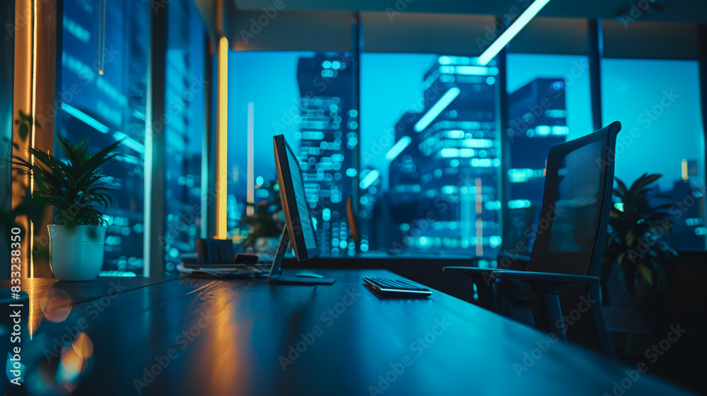 Workspace with desk and modern computer late at night. An office with ...