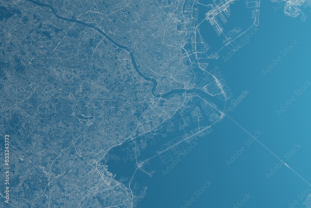 Map of the streets of Kawasaki (Japan) made with white lines on blue ...