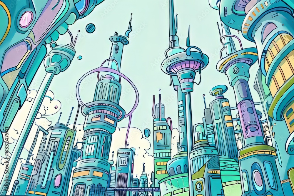 Cartoon cute doodles of a futuristic city with x-ray skyscrapers ...