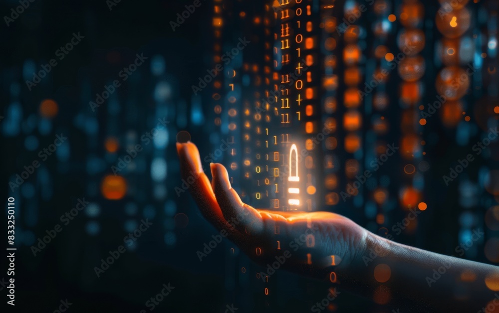 A hand reaching out through a digital landscape illuminated by glowing binary code, representing ...