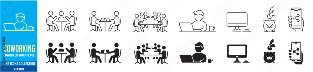 Co-working space icons set. Included icons as coworking, coworker ...