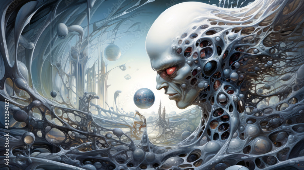 psychedelic scary face of man emerging from wave of cells and holes ...