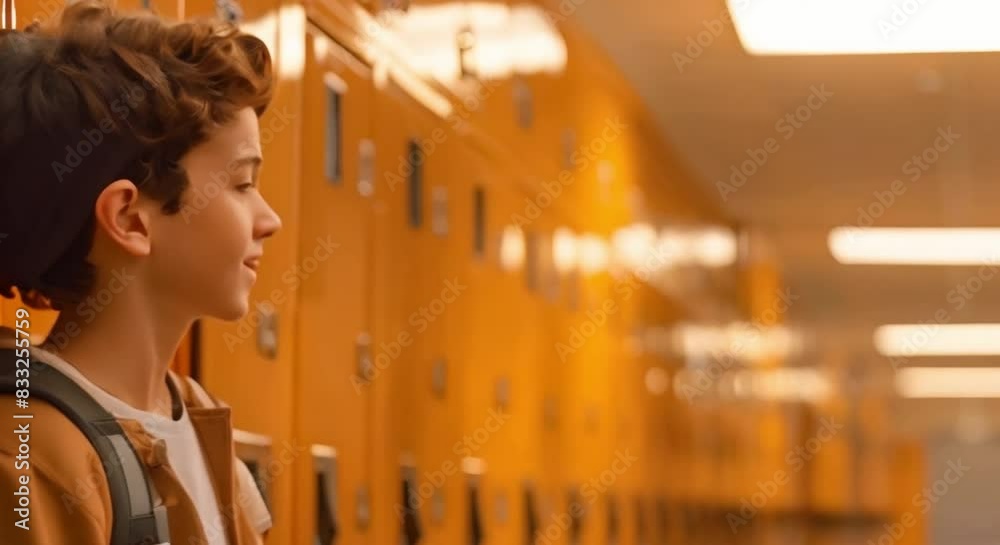 Enthusiastic international student in school corridor with lockers ...
