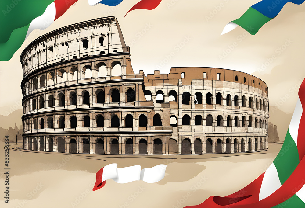 Italian emblems and symbols of the Republic, the Colosseum, the Leaning ...