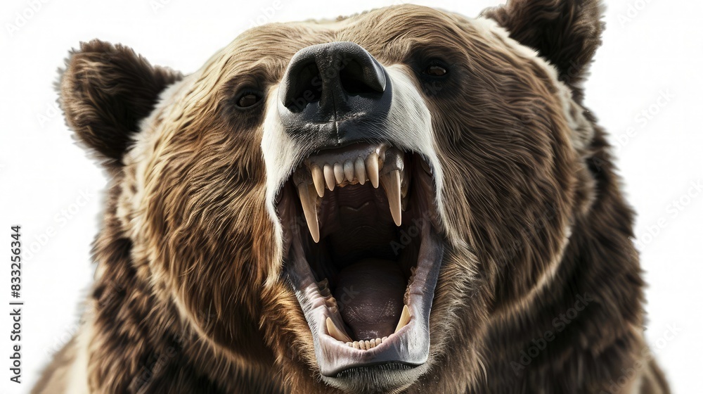 A realistic depiction of a brown grizzly bear with its mouth wide open ...