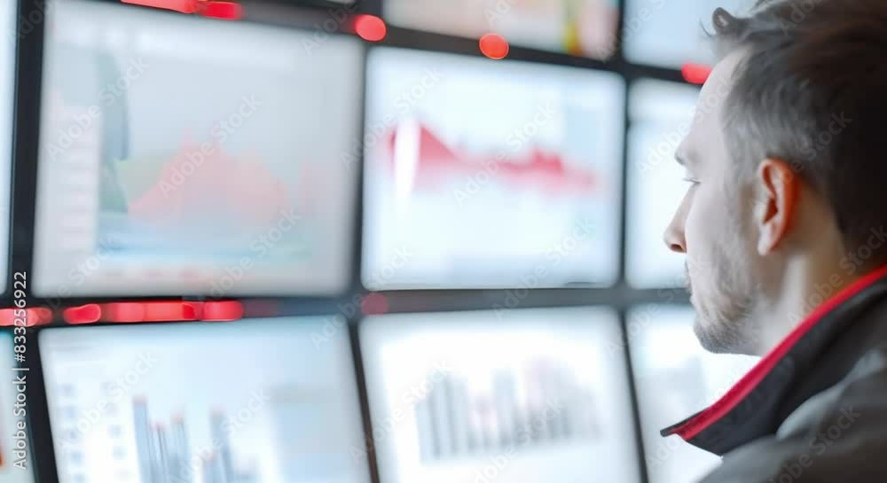IT engineer monitoring systems in a control room with multiple screens ...