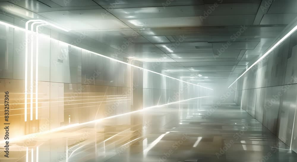 Scifi underground corridor with glowing windows concrete blocks and ...