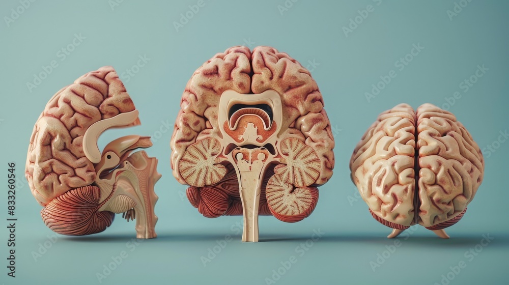 Detailed 3D anatomical models of the human brain showing different ...