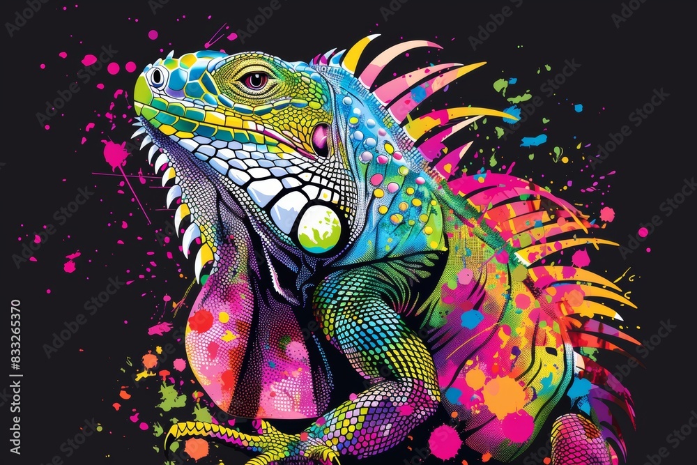 This digitally created image depicts a neon-colored bearded dragon ...