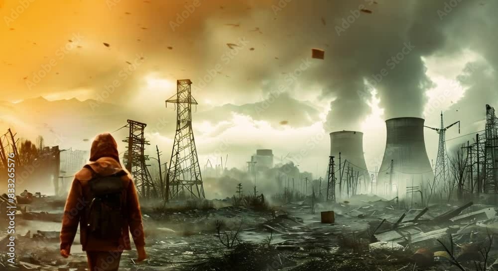 Survivor in post-apocalyptic landscape with nuclear cooling towers and ...