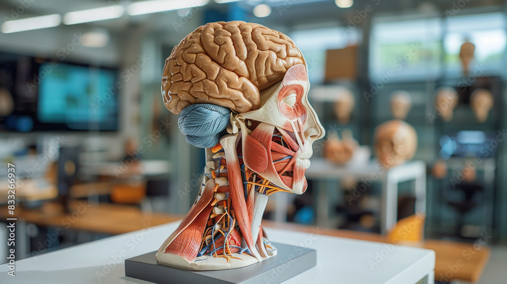 Educational anatomy model displaying brain and facial muscles with ...