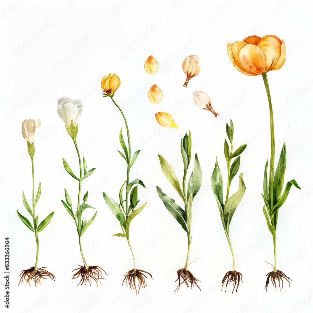 Watercolor painting of the life cycle of a flower, from seed ...