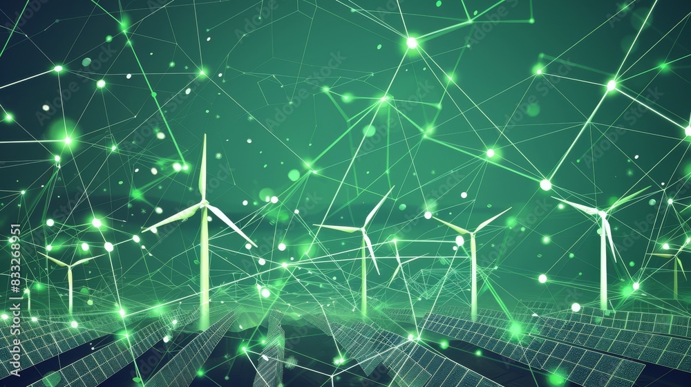 Renewable Energy: Solar panels and wind turbines connected by energy ...