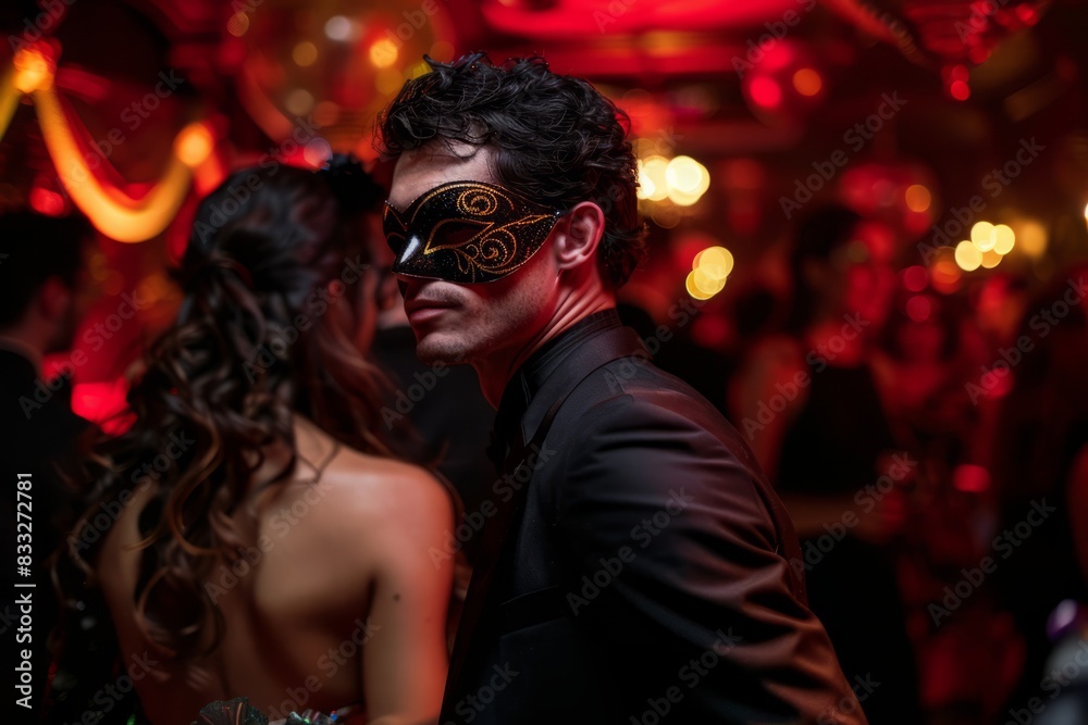 Elegant masquerade ball with guests in stunning masks and formal attire ...