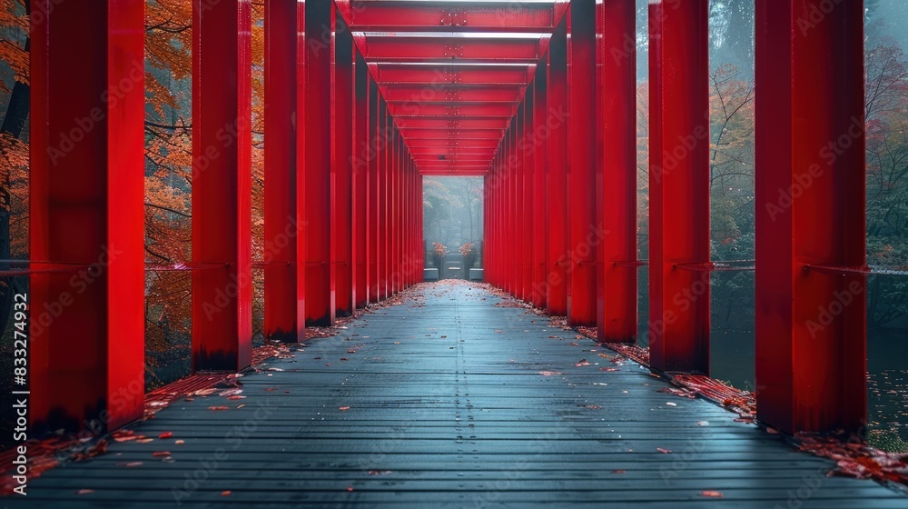 Symmetrical red beams of a modern bridge lead to the city skyline Stock ...