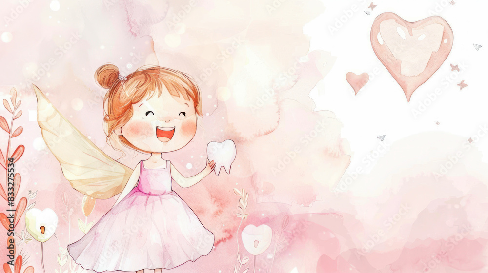 Cute Little Tooth Fairy with First Baby Tooth and Wand on pink ...