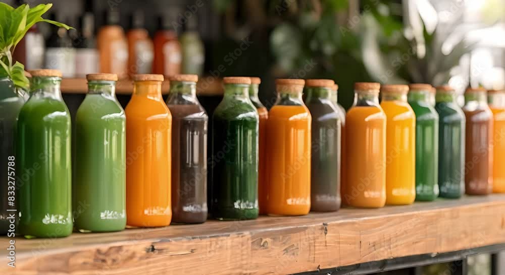 Display of Various Juices in Green Glass Bottles at a Juice Bar ...