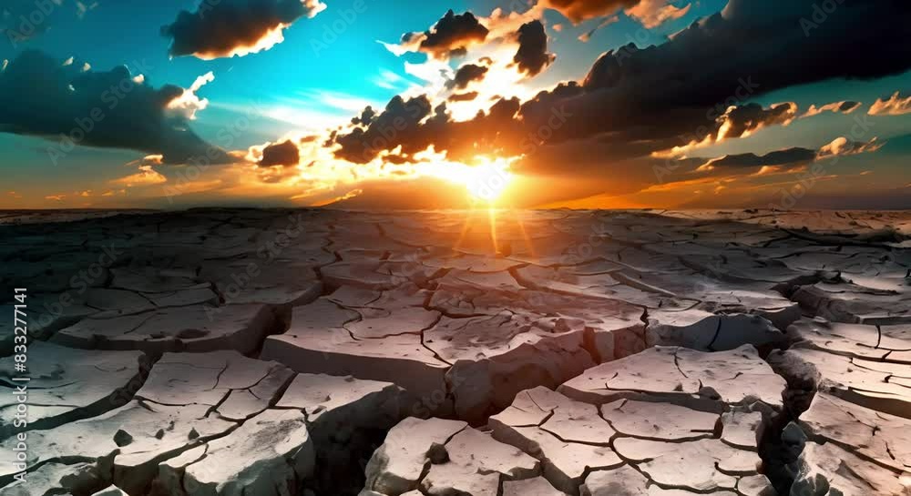 Dry desert landscape with cracked earth blue sky reflecting water ...