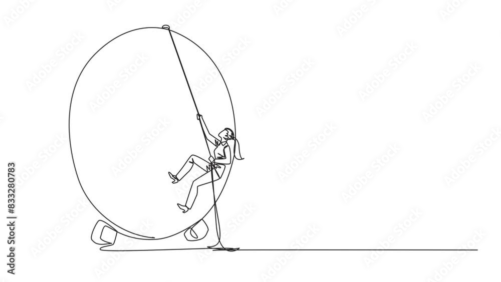 Self drawing animation of single line drawing businesswoman climbs ...