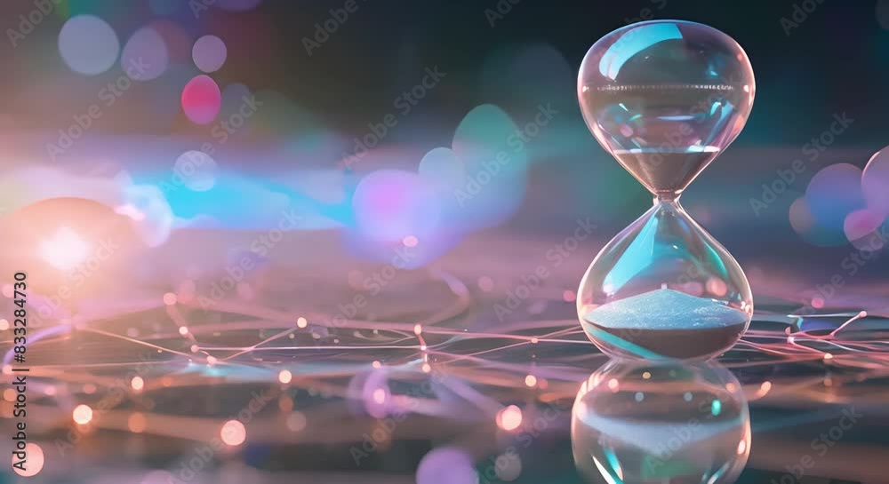Hourglass with sand running symbolizing time passing on dark neural ...