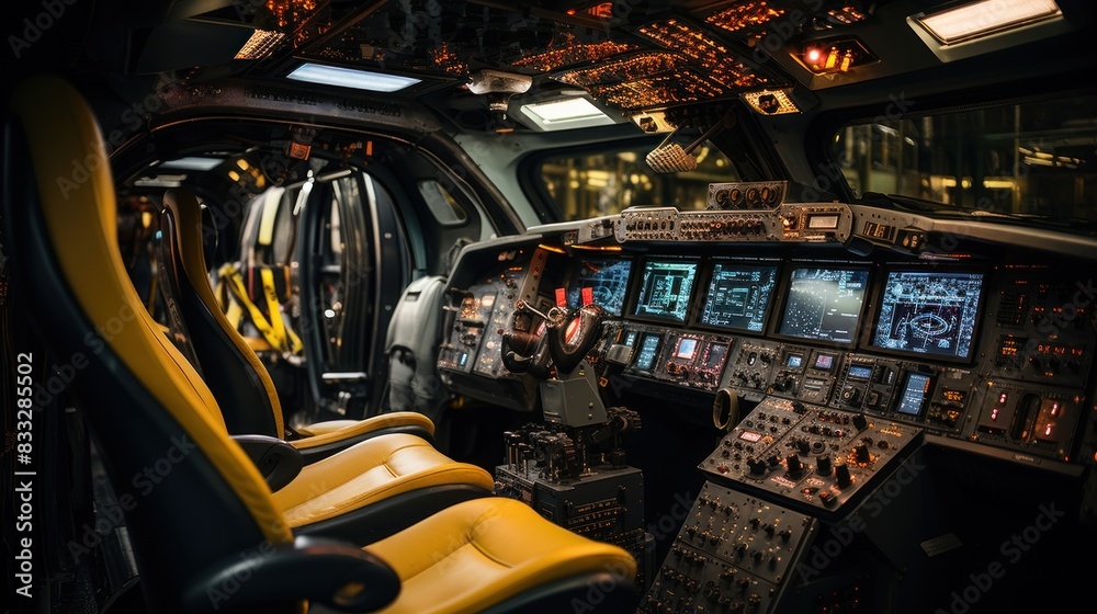 Complex spaceship cockpit with numerous controls and illuminated panels ...