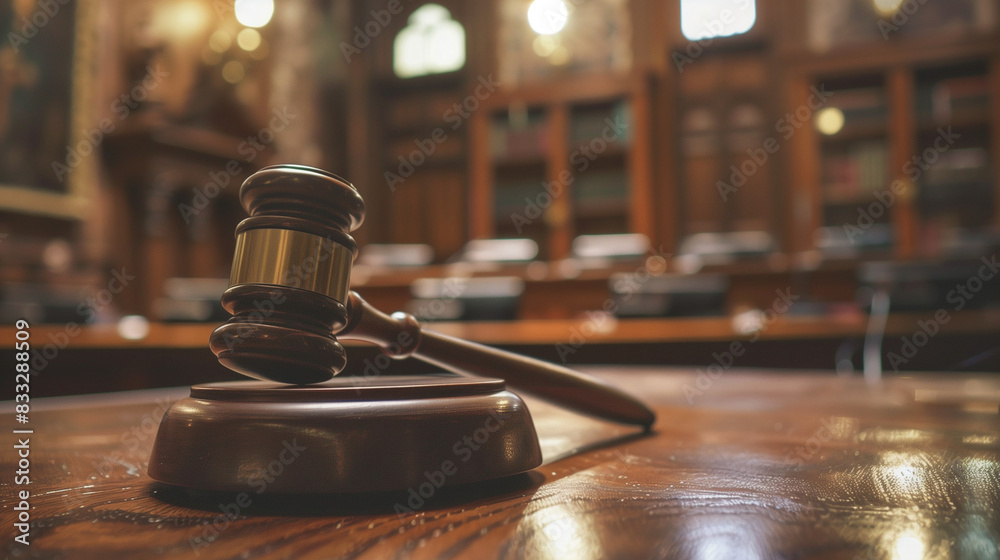 A gavel lying on the judge's desk in the courtroom, which is an icon of ...