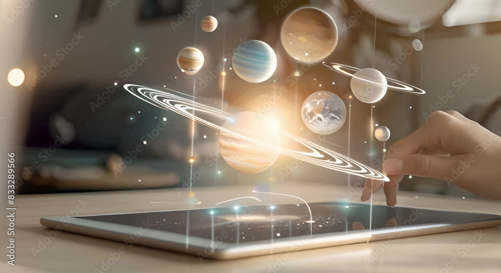 Tablet desk displays AR solar system with floating planets for ...